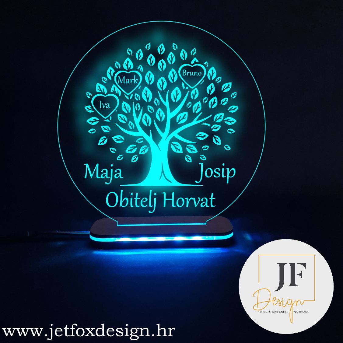 3D lampa obiteljsko stablo s imenima i posvetom